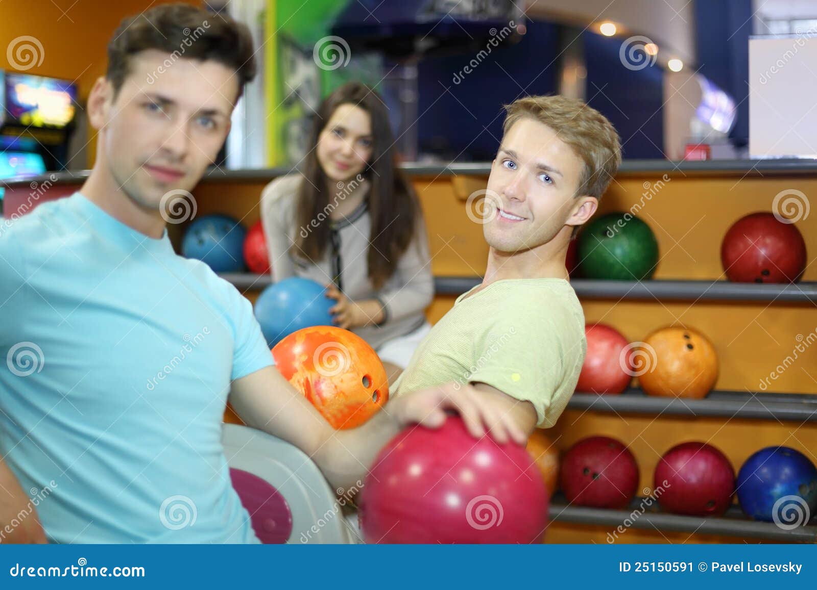 Two Men and Woman Sit in Bowling Club Stock Image - Image of leisure ...