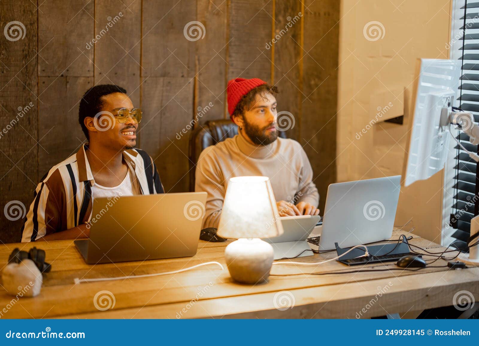 Two Men Working on Computer at Home Office Stock Image - Image of ...