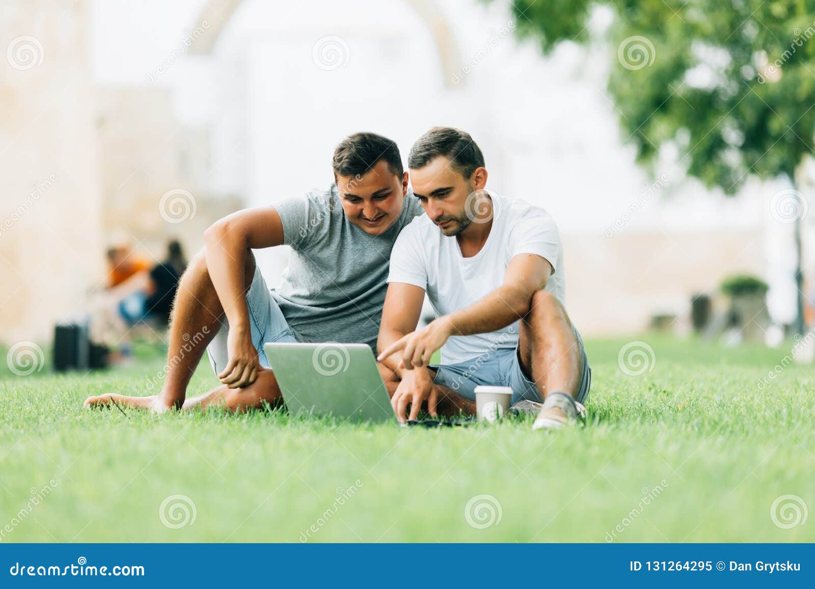 Two Men Working with Laptop on Green at Park Stock Image - Image of ...