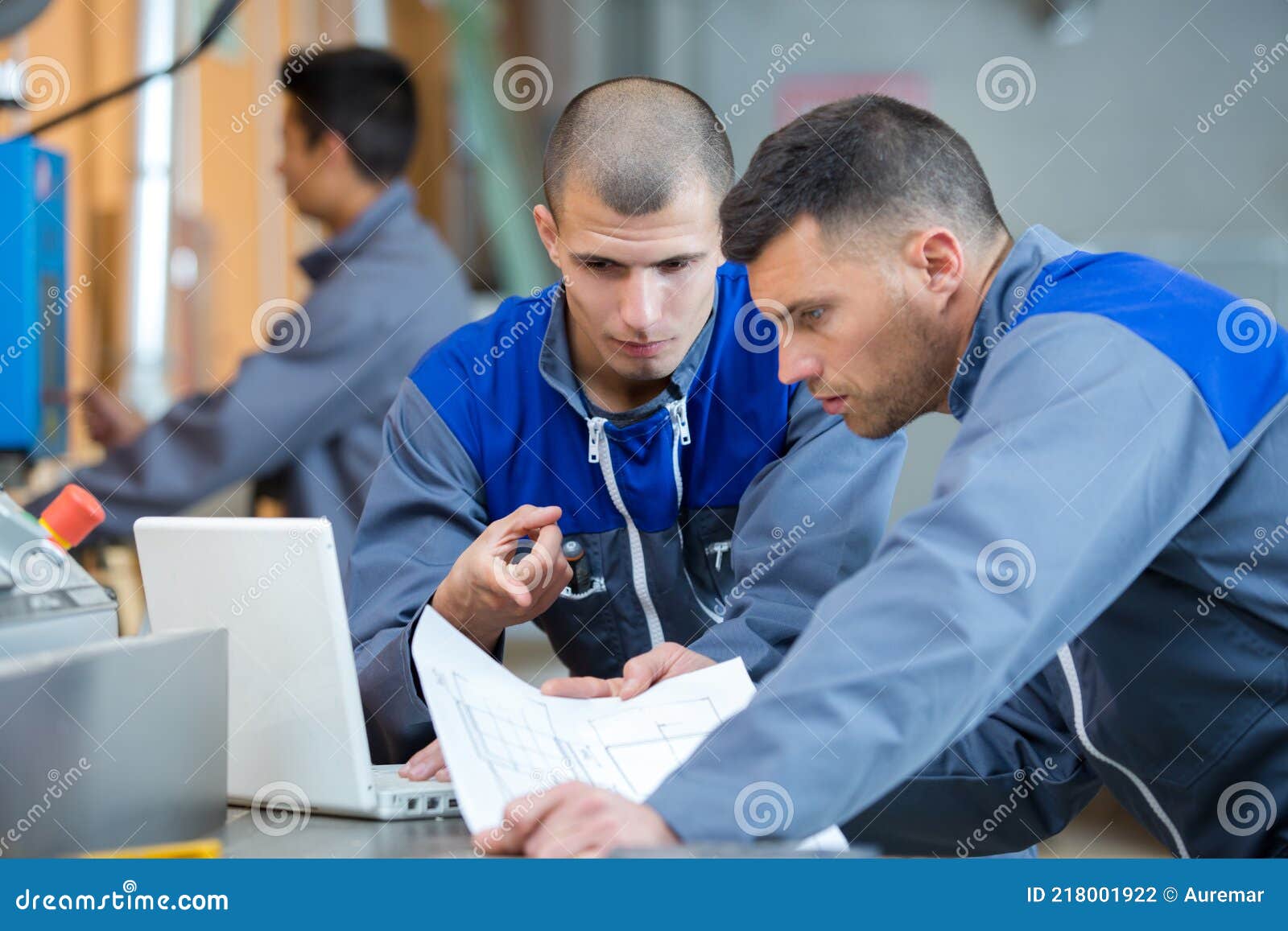 Two Men Working with Laptop in Factory Stock Photo - Image of collar ...