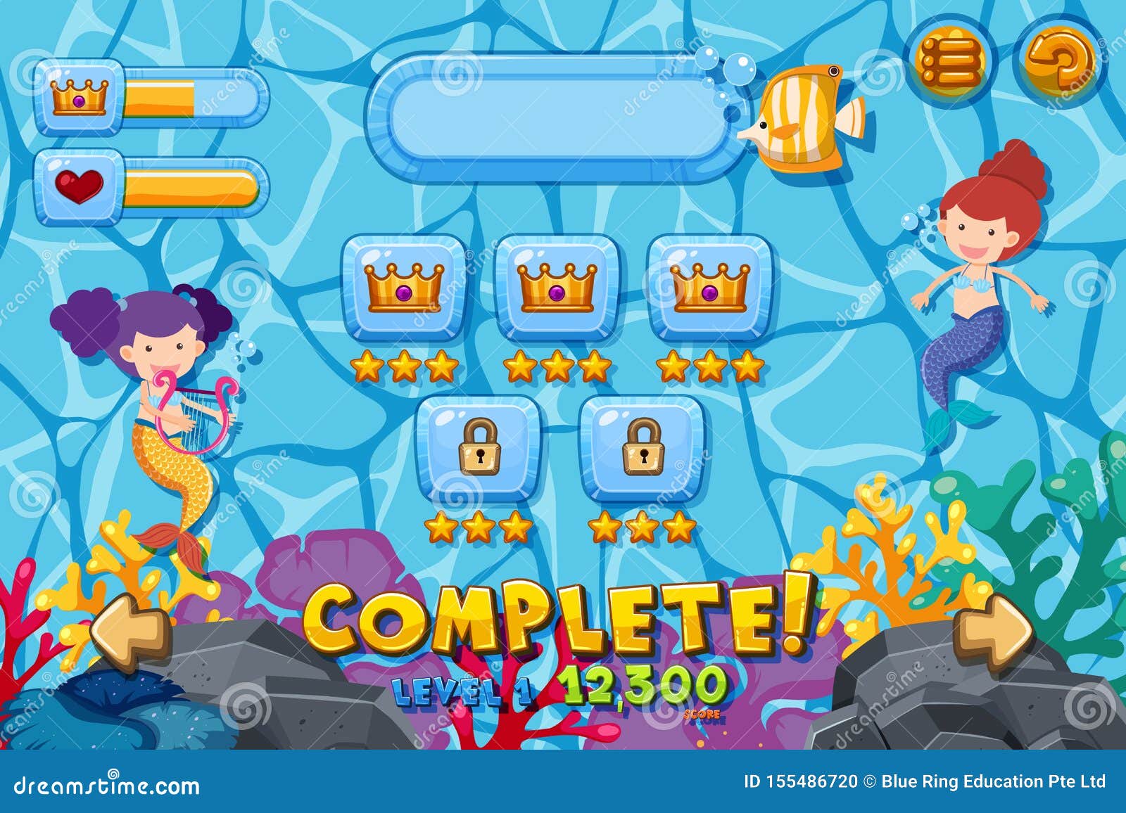 Two Mermaids Underwater on Game Template Stock Vector - Illustration of ...