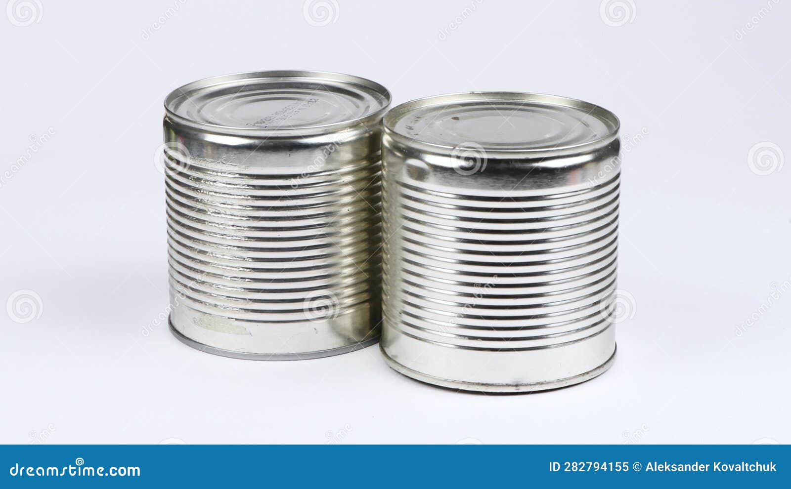 Two Metal Cans on a White Background. Side View. Loop Motion. Rotation ...