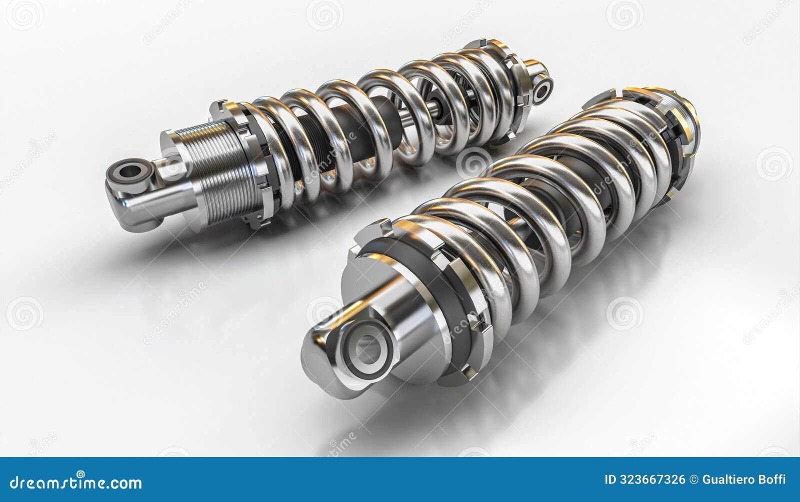 Two Metal Shock Absorbers Lying On Reflective Surface Stock Photography ...