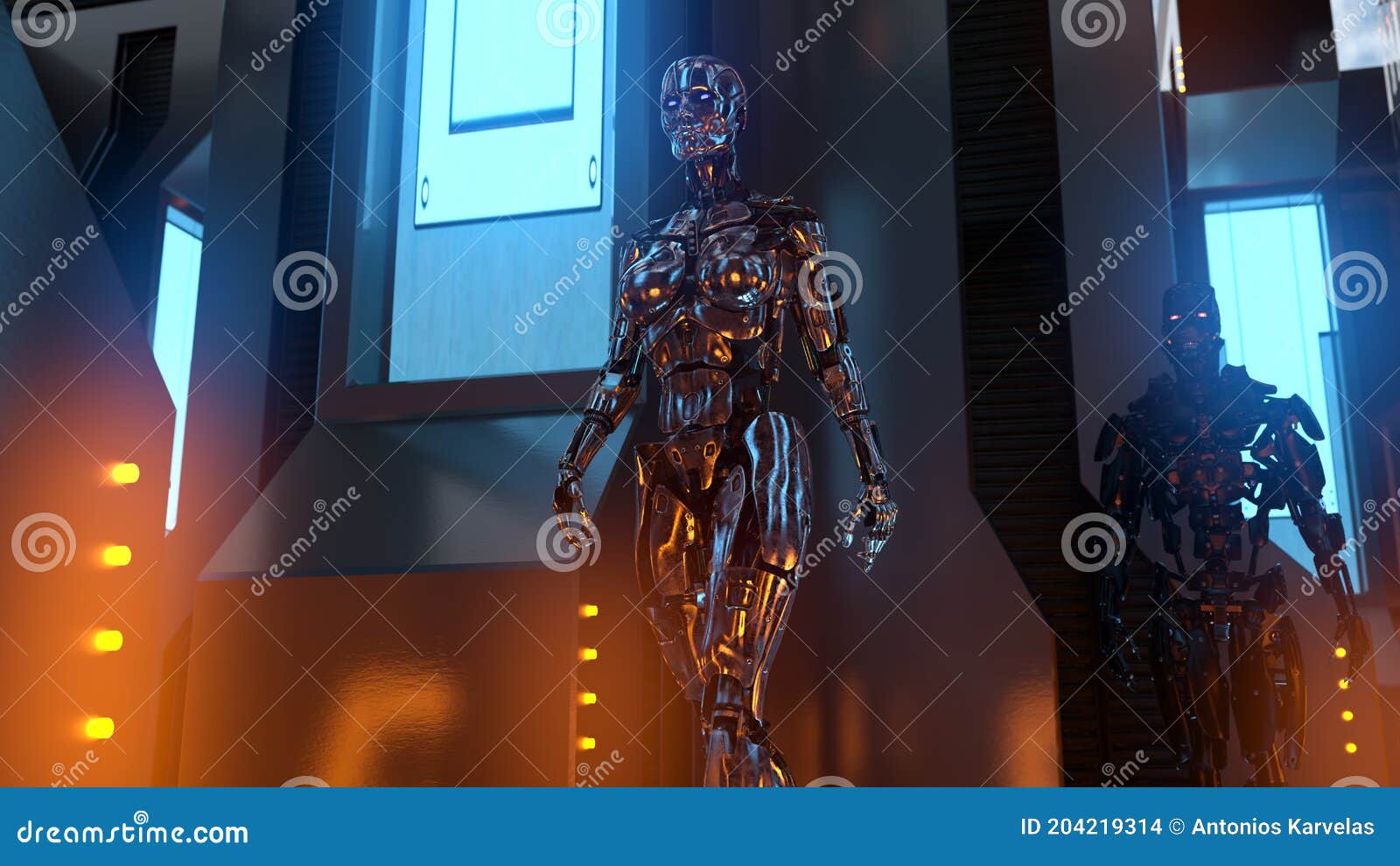 Two Metallic Cyborgs in a Futuristic Room Stock Illustration ...