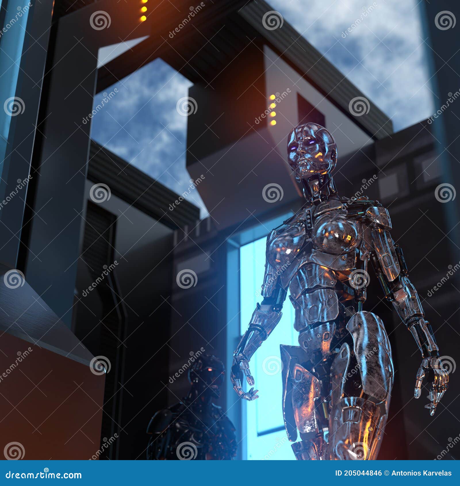 Two Metallic Cyborgs in a Futuristic Room Stock Illustration ...