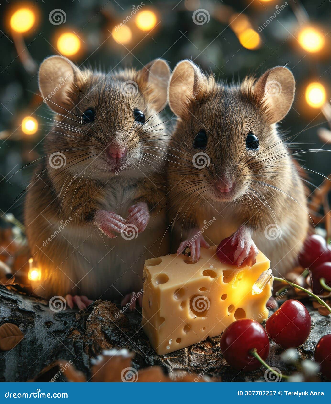 Two Mice and Cheese on Tree Branch in the Forest Stock Image - Image of ...