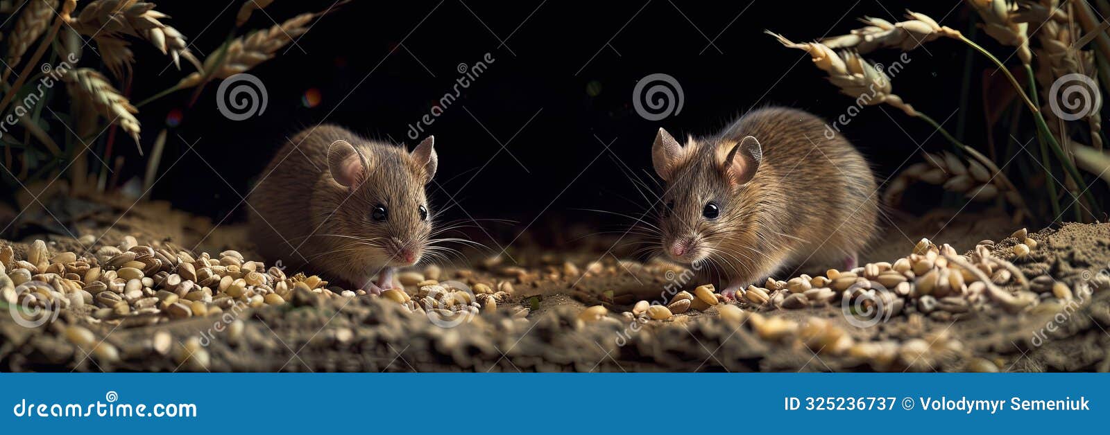 Two Mice Foraging on Grain in a Dark Field at Night Stock Illustration ...