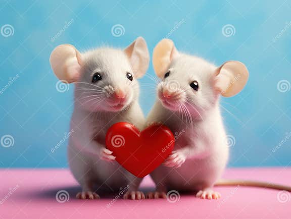 Two Mice Holding a Heart on Pink Surface. Stock Image - Image of small ...