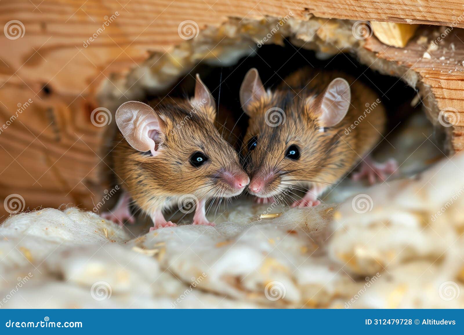 Two Mice Peeking Together from a Hole in Attic Insulation Stock Photo ...