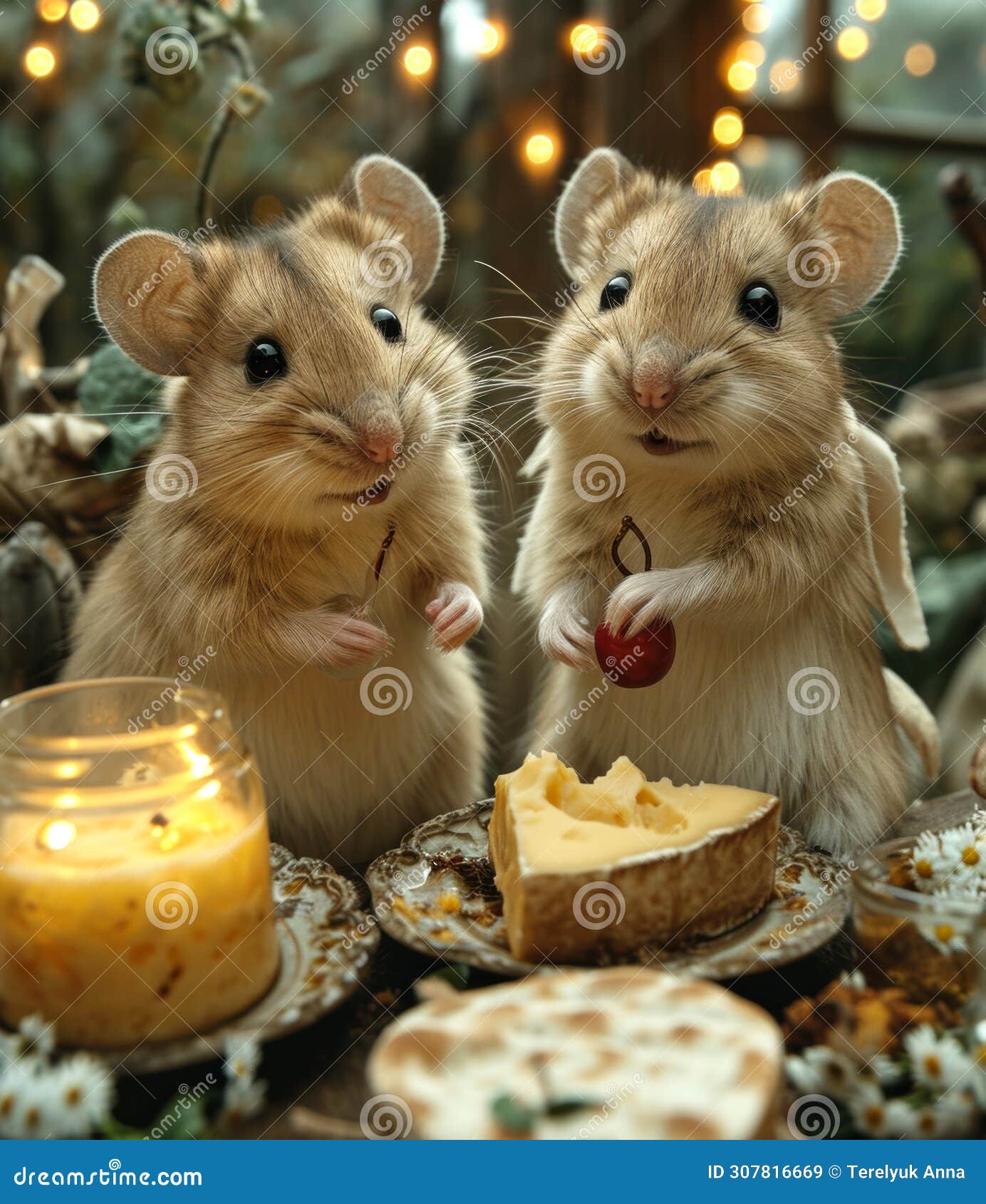 Two Mice are Seated on a Table, Surrounded by Food and a Lit Candle ...