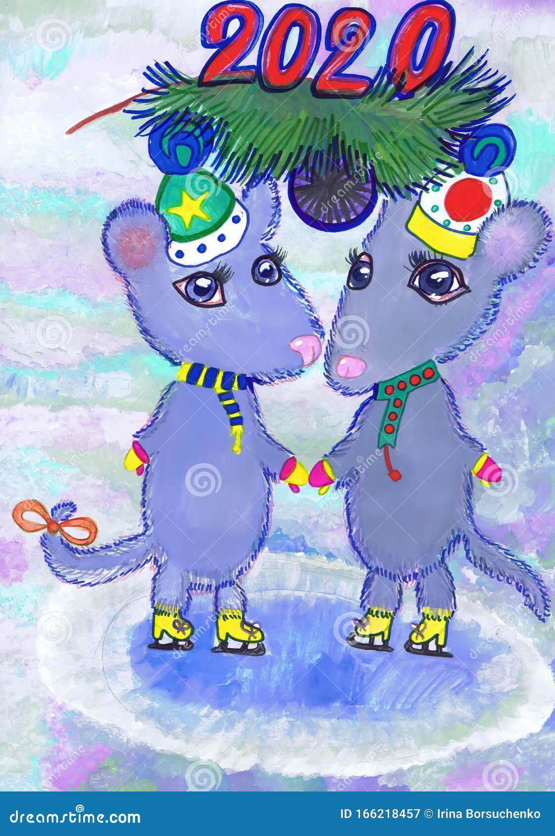 Two Mice Stand Skating on Ice. Children `s Drawing Stock Illustration ...