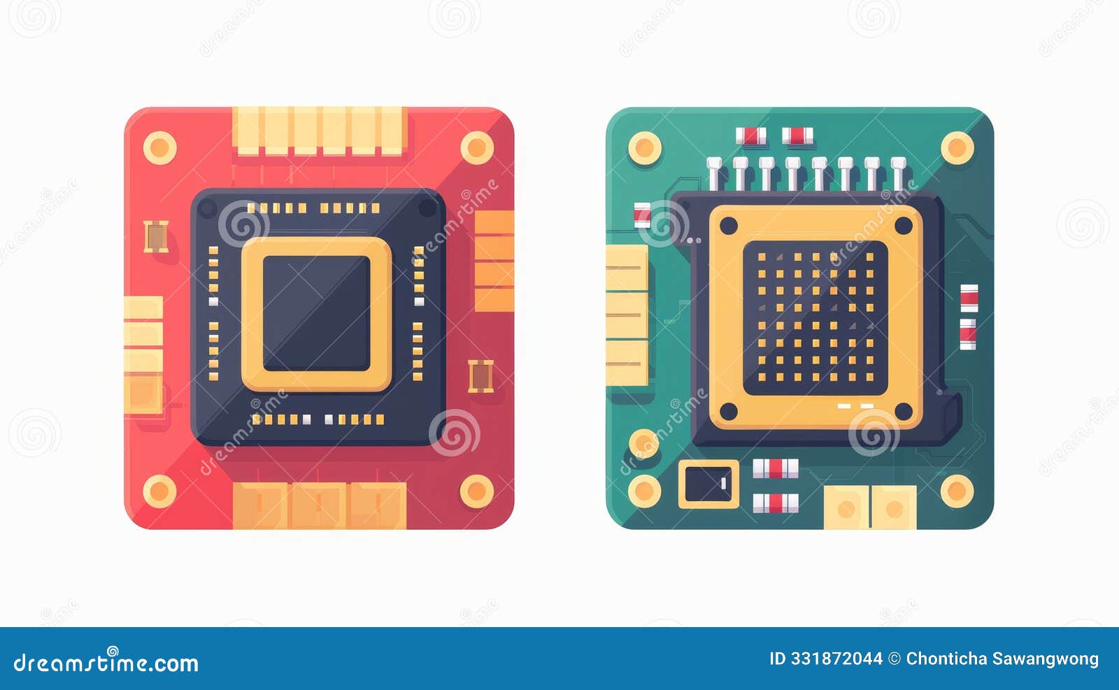 Two Microchips with Red and Green Circuit Boards Stock Illustration ...