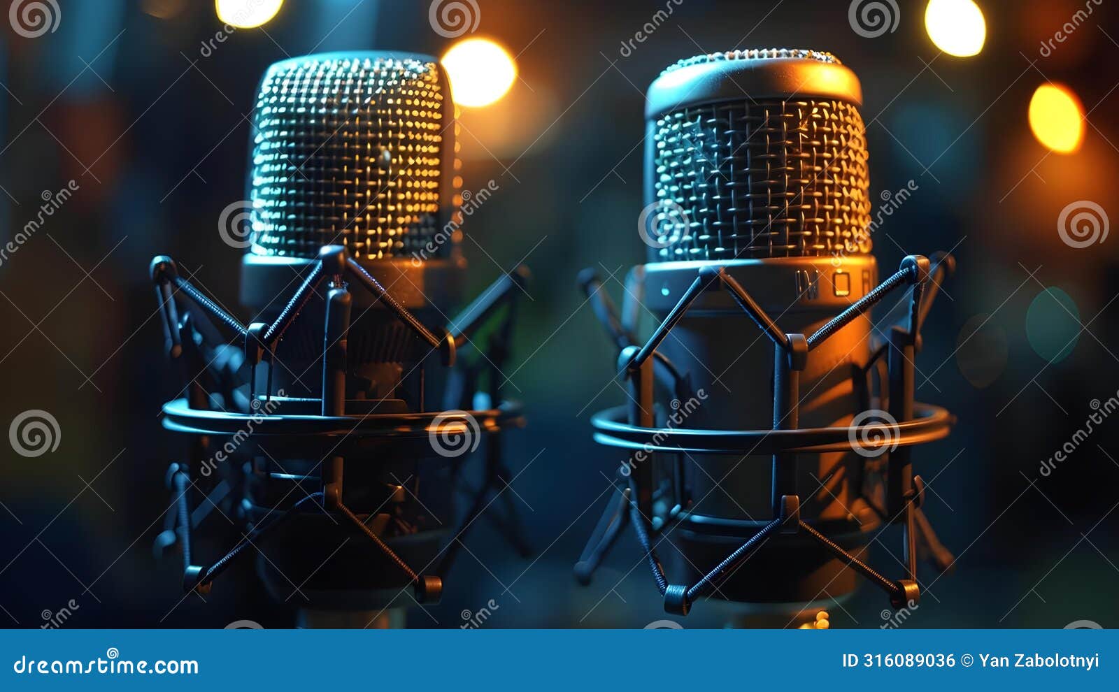 Two Microphones in a Dark Room for Podcasting or Interviews. Concept ...