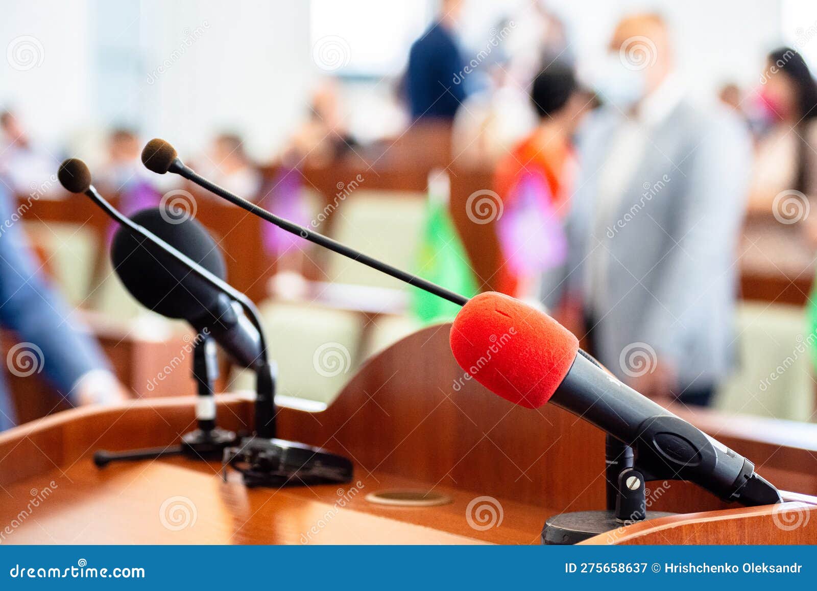 Two Microphones on the Podium in the Session Hall Stock Image - Image ...