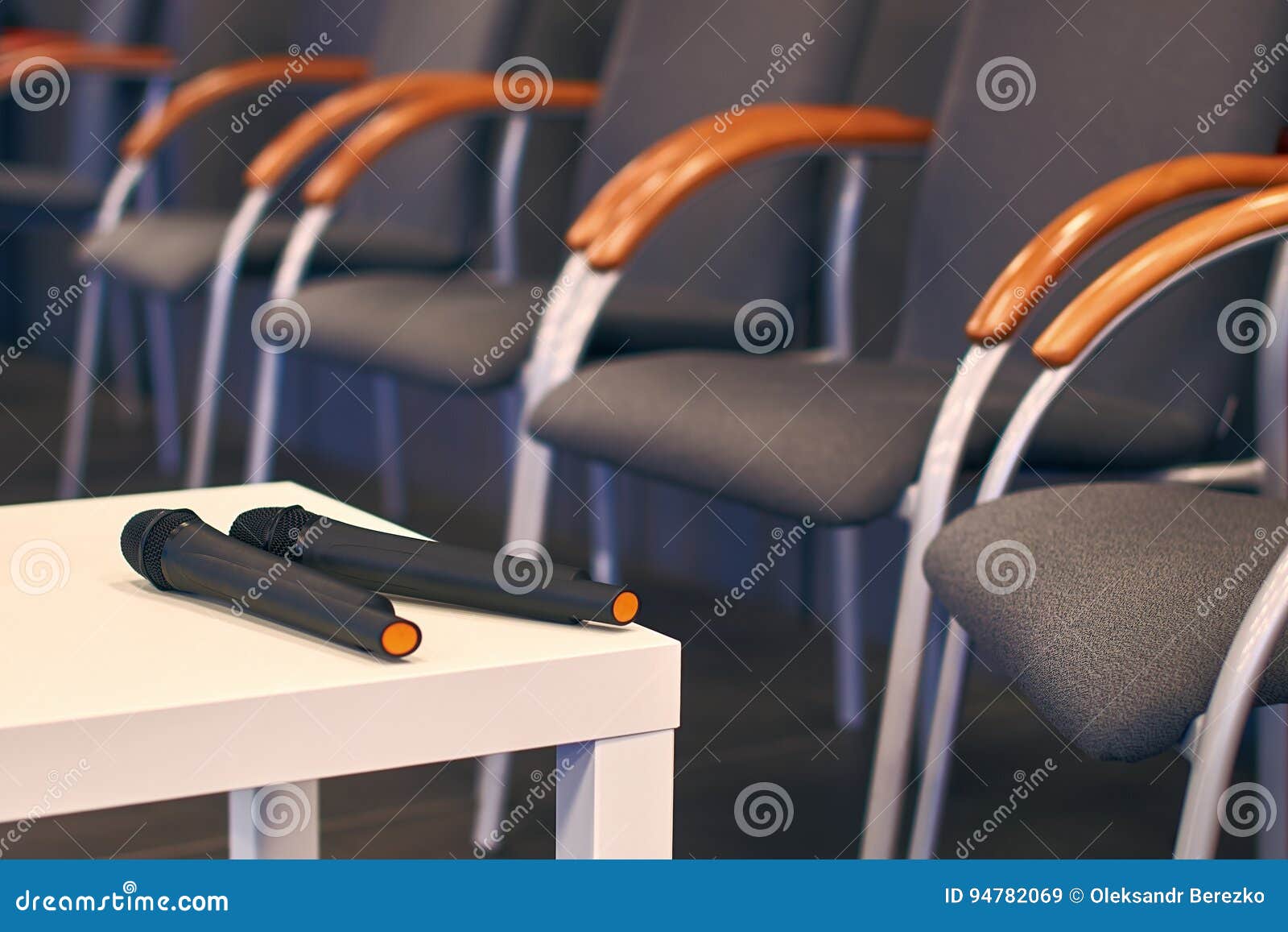 Two Microphones on the Table at Conference Stock Image - Image of ...