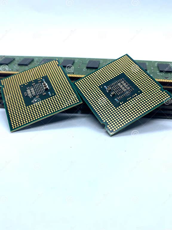 Two Microprocessors on a Stack of RAM Memory Closeup Isolated on White ...