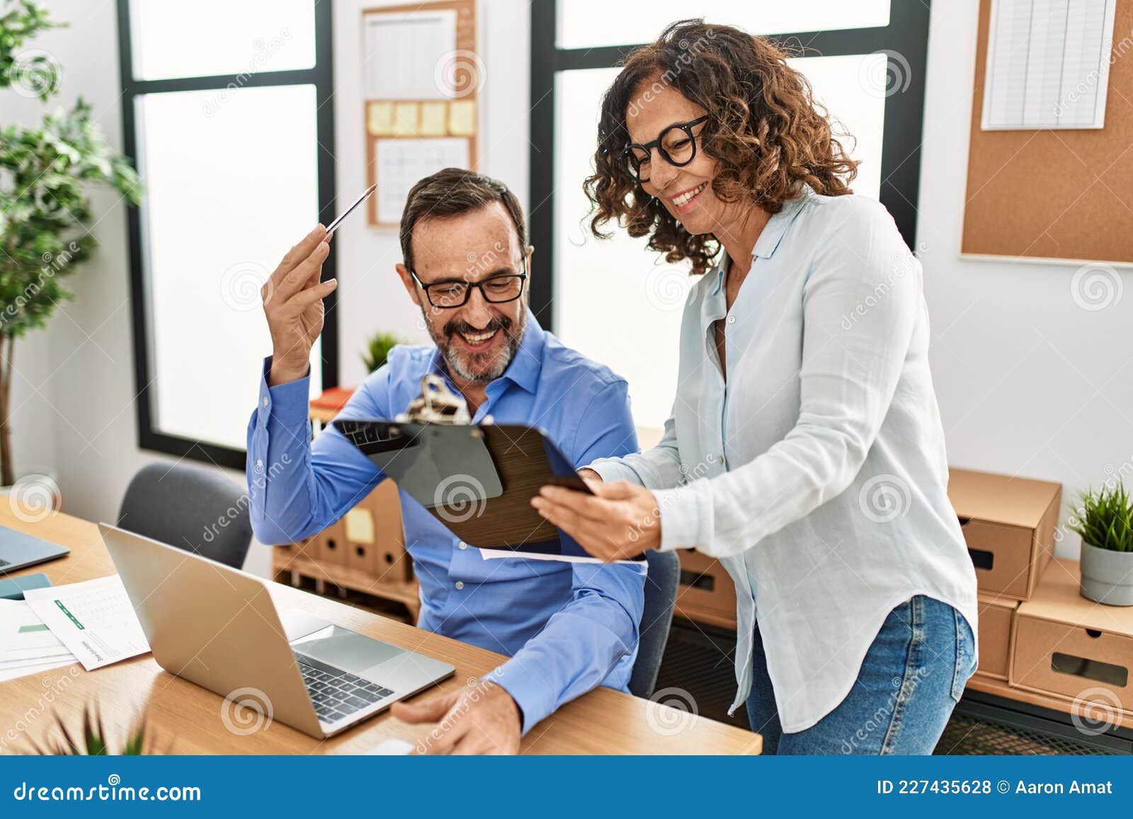 Two Middle Age Business Workers Smiling Happy Working at the Office ...