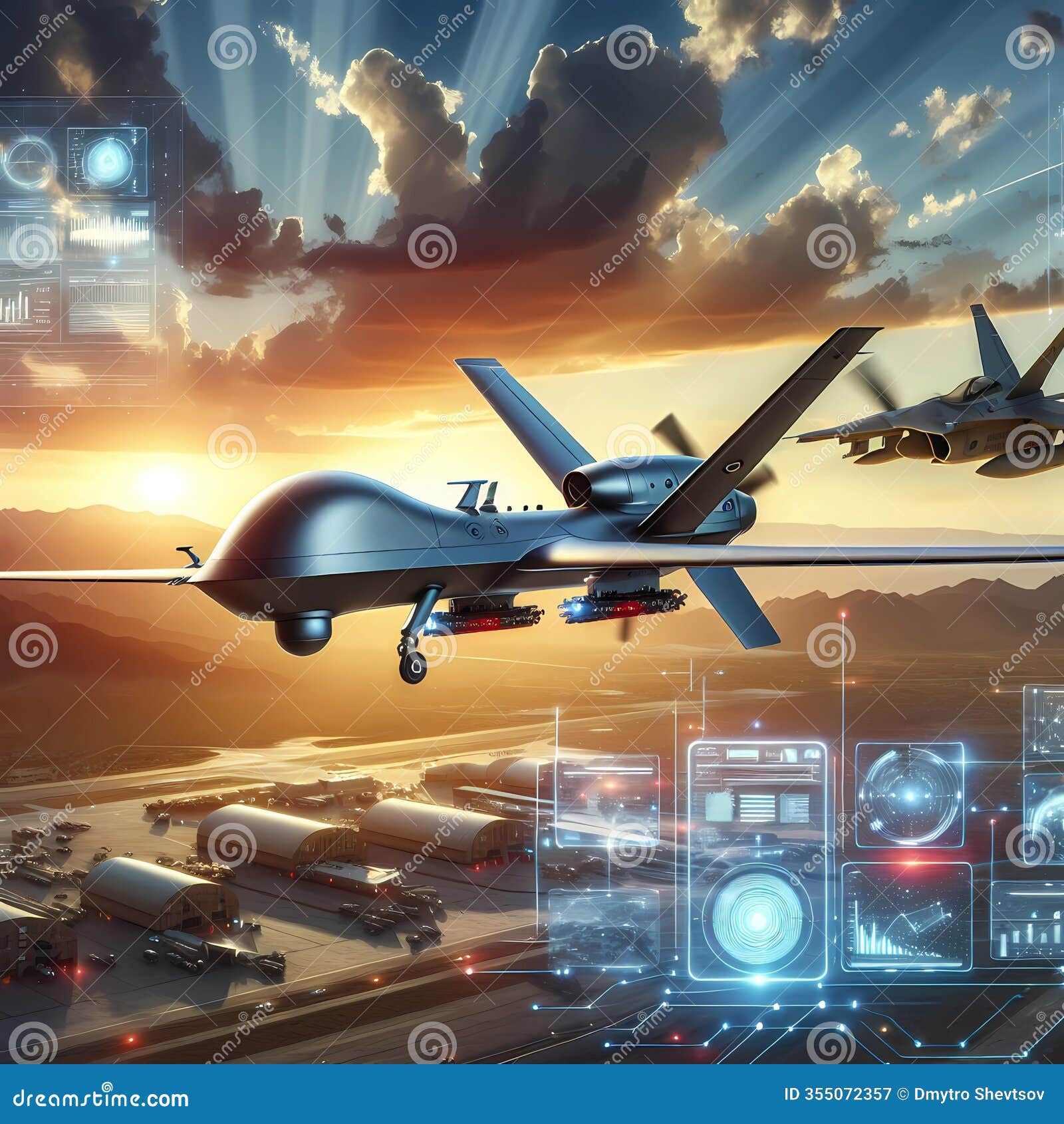 Two Military Drones Glide through a Vibrant Sky at Sunset, Revealing a ...