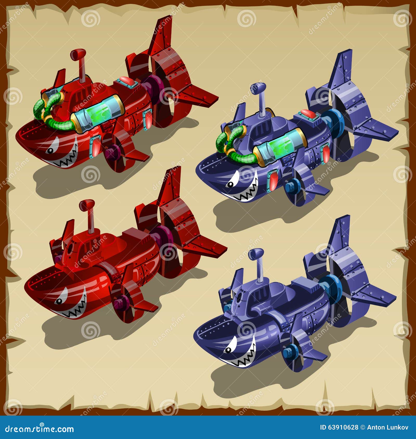 Two Military Submarines In The Shape Of Shark Vector Illustration ...