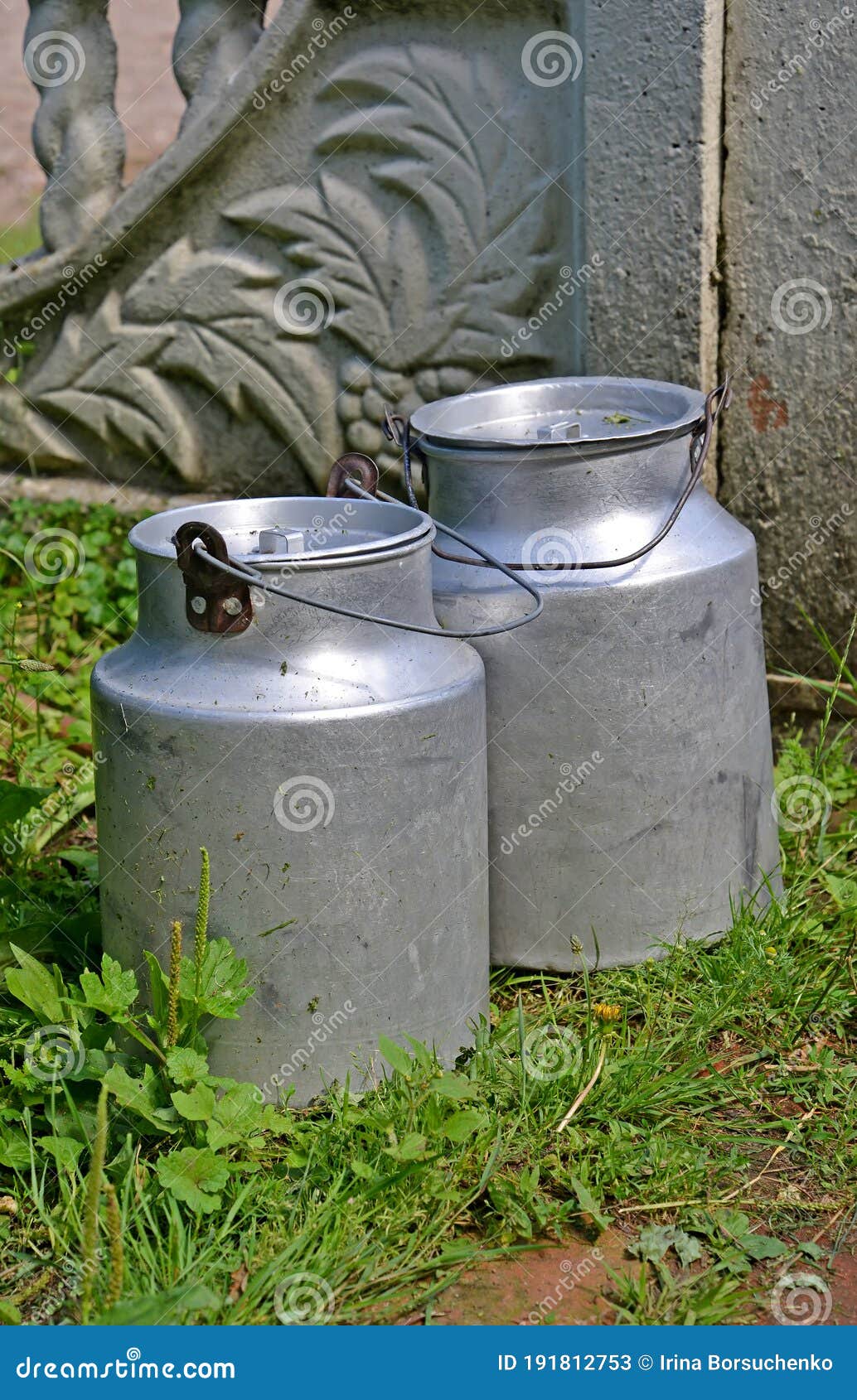 Two Milk Bidons Stand on Grass in the Yard Stock Image - Image of ware ...
