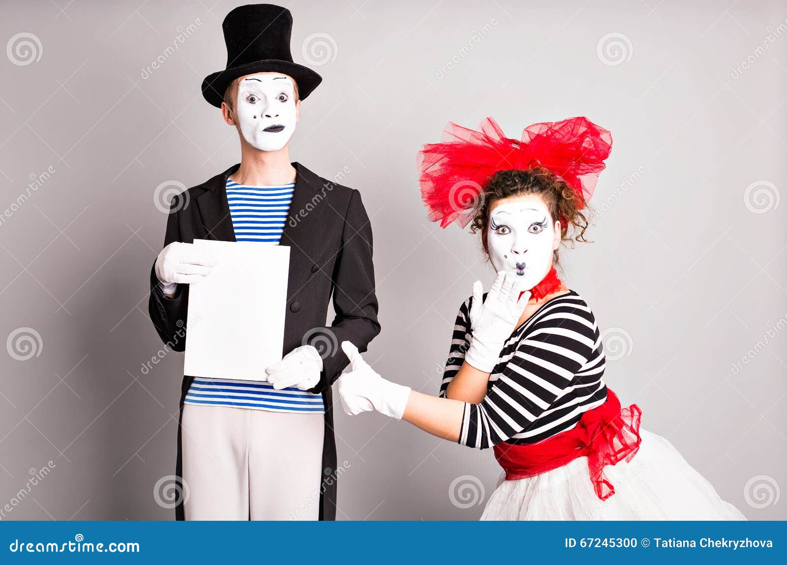 Two Mimes with a Sign for Advertising Stock Photo - Image of beautiful ...