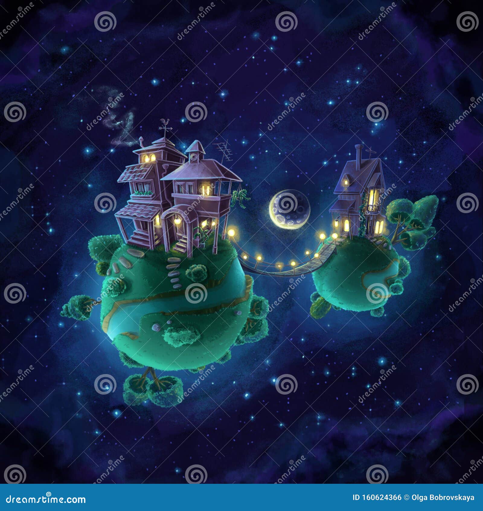 Two Mini Planets Connected by a Bridge Stock Illustration ...