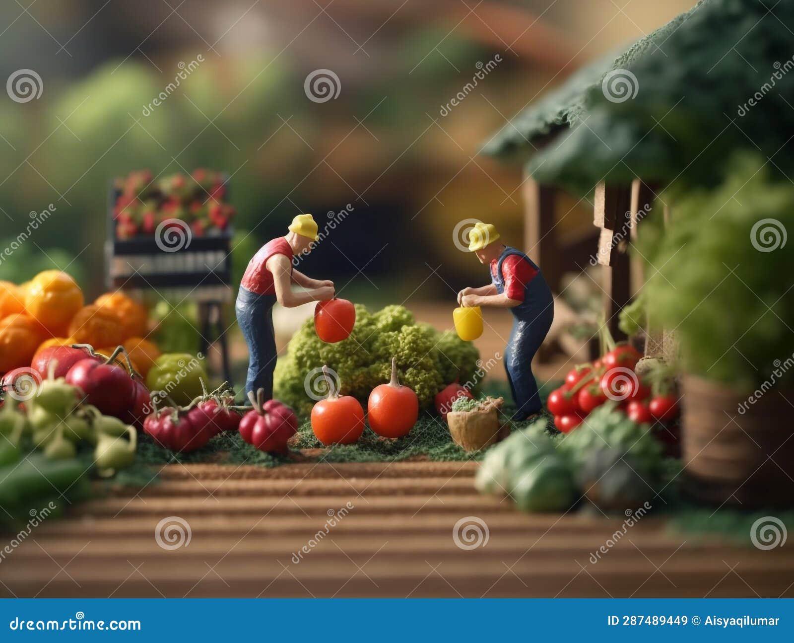 Two Miniature Workers Working on Vegetables. Stock Illustration ...