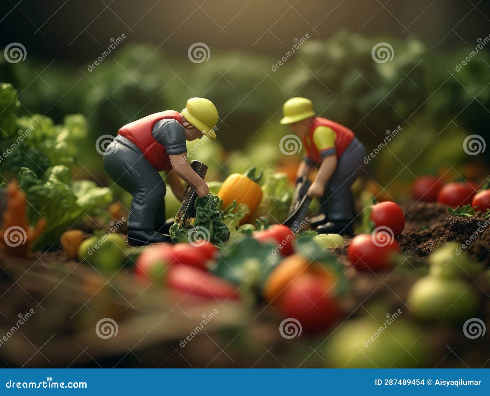 Two Miniature Workers Working on Vegetables. Stock Illustration ...