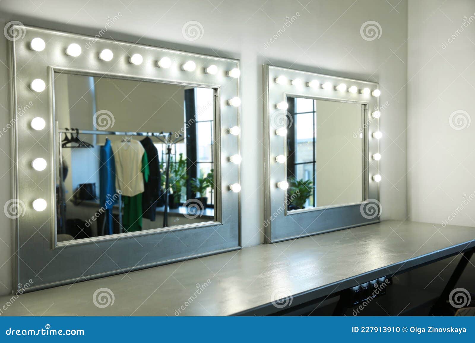 Two Mirrors with Illuminated Lights Behind the Scenes Stock Photo ...