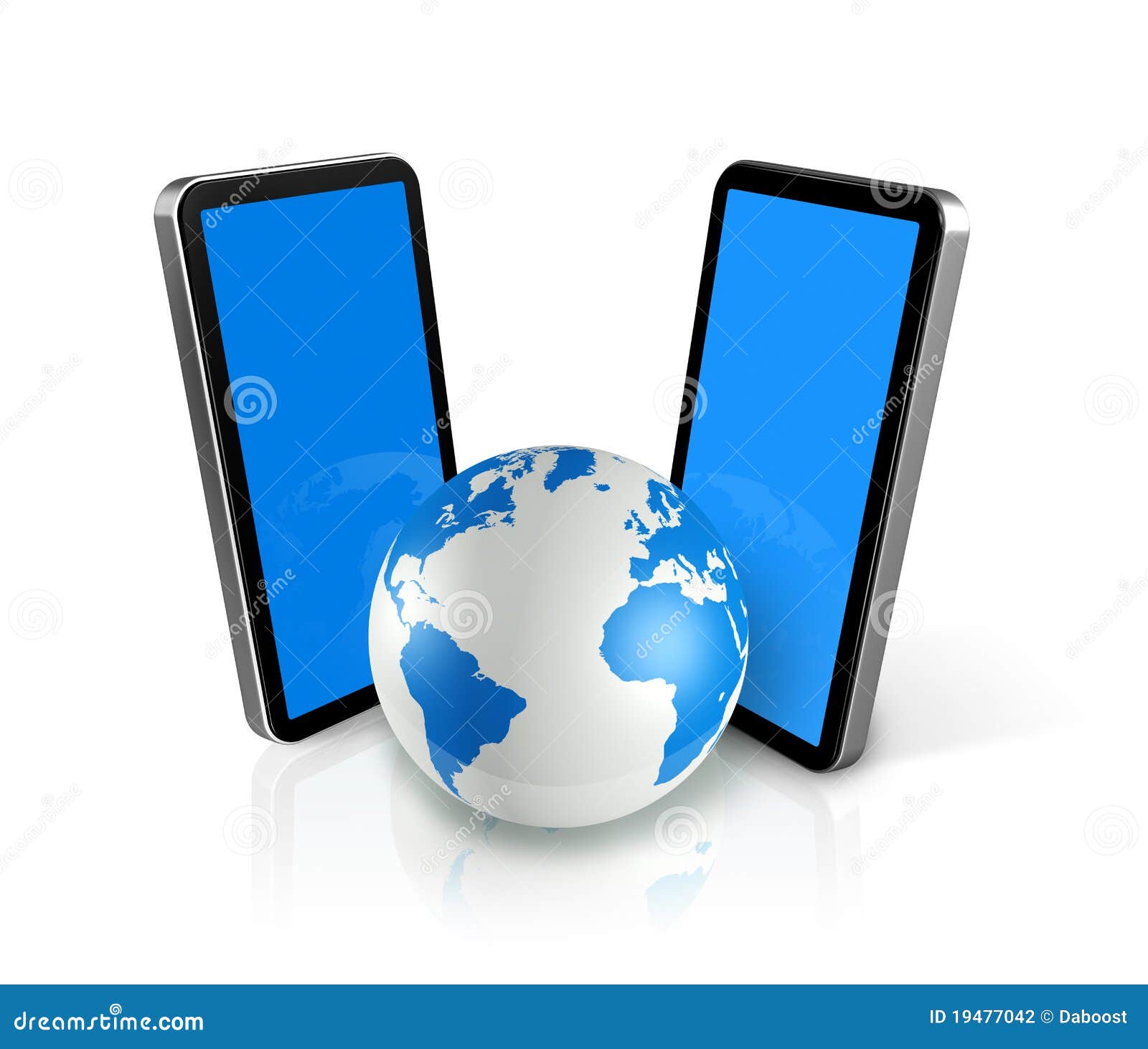 Two Mobile Phones Around a World Globe Stock Illustration ...