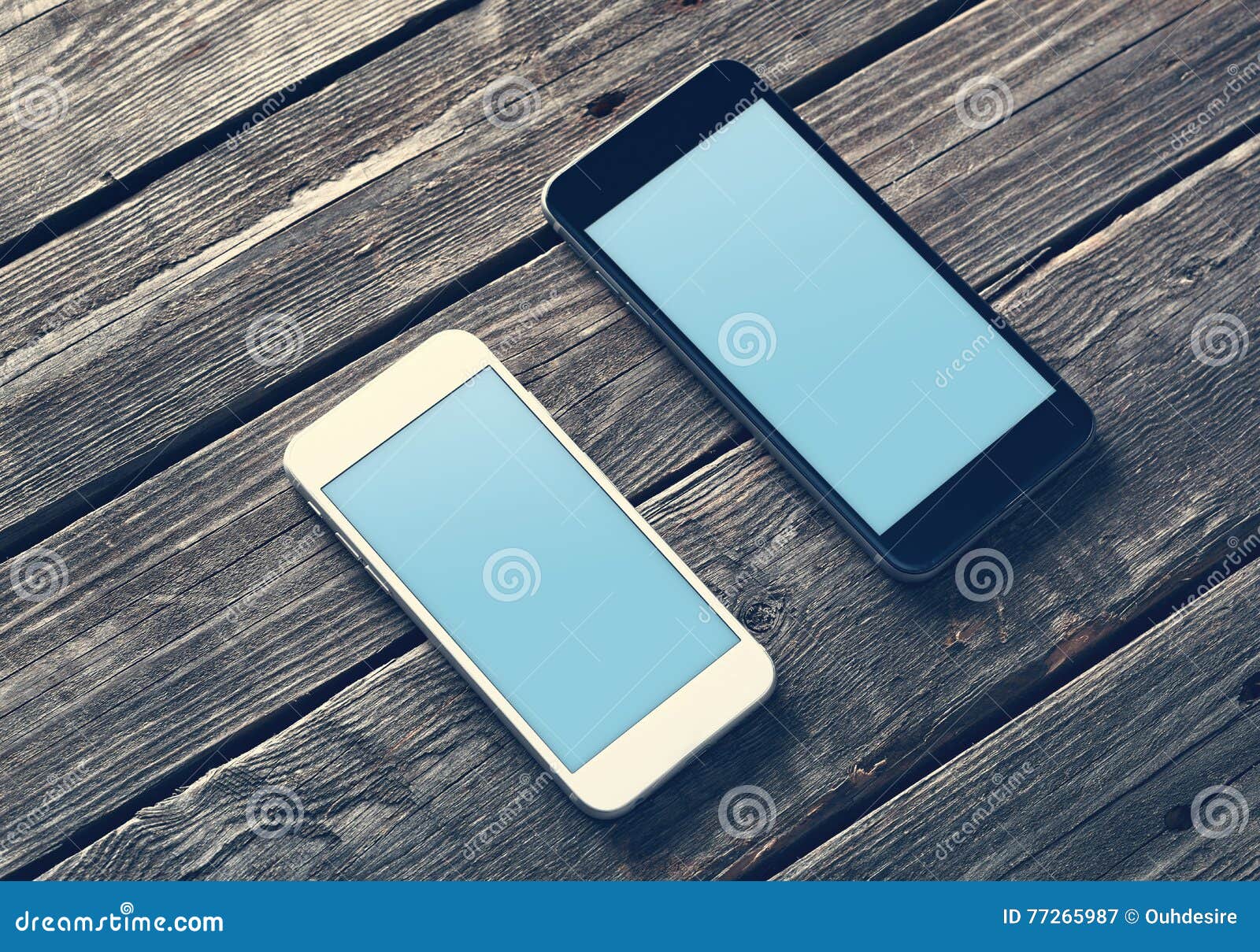 Two Mockup Smartphones on a Wooden Table Stock Illustration ...