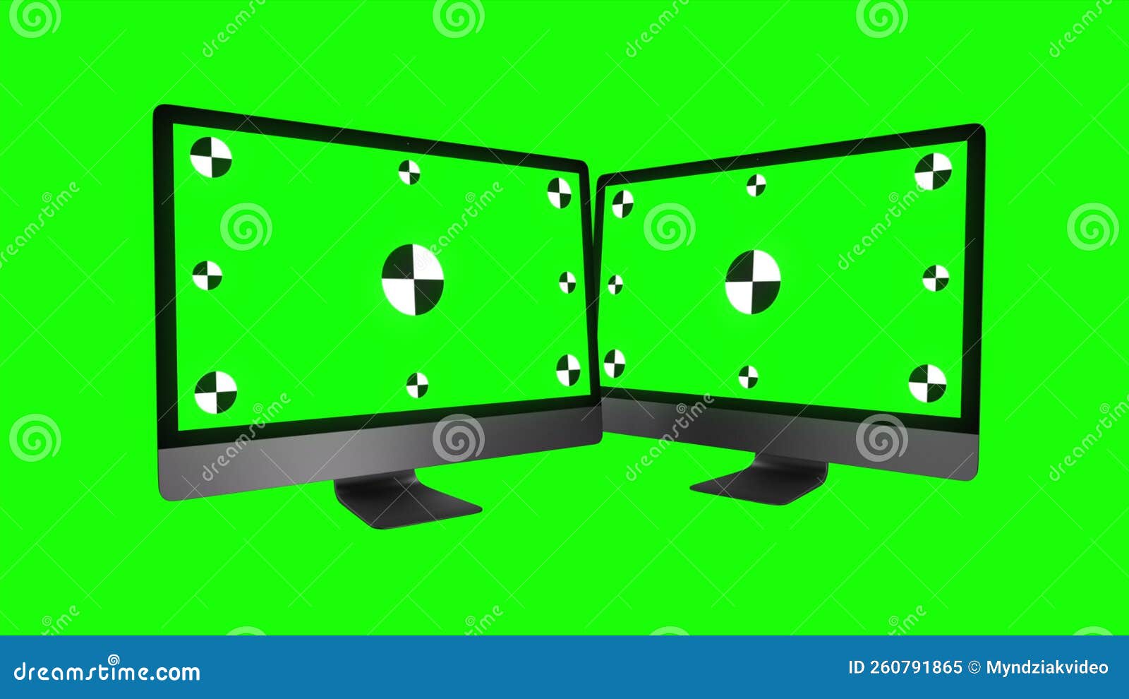 Two Modern Computers with Green Screen, Isolated on Blue Background. 3d ...