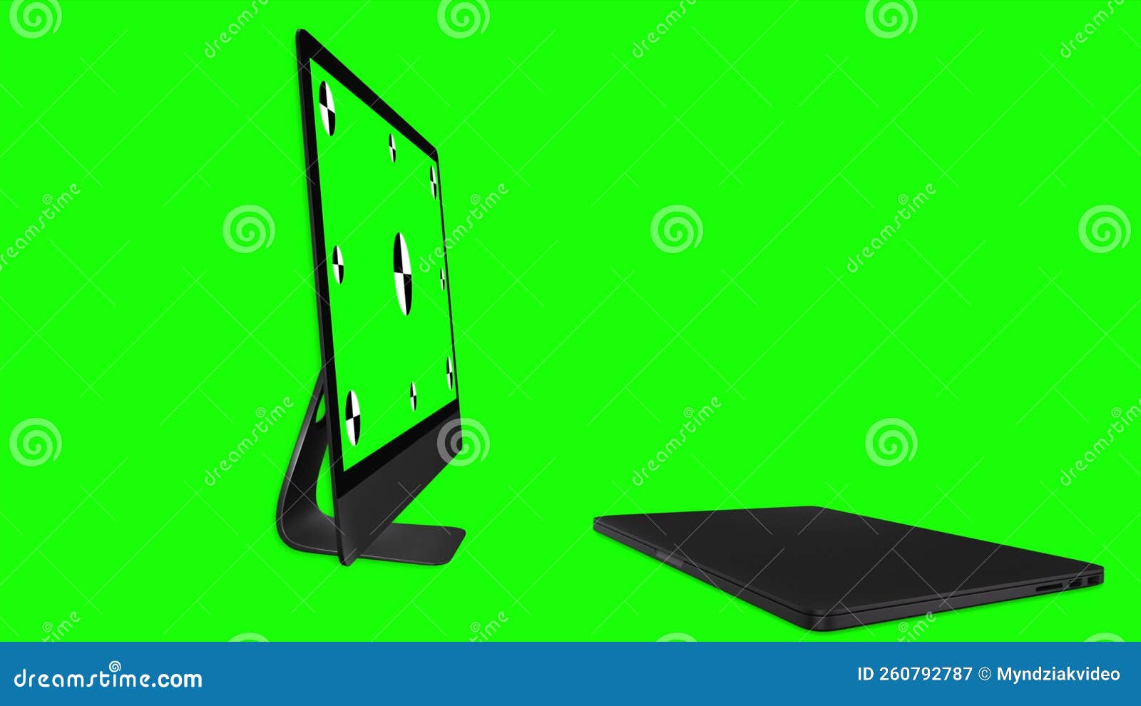 Two Modern Computers with Green Screen, Isolated on Blue Background. 3d ...