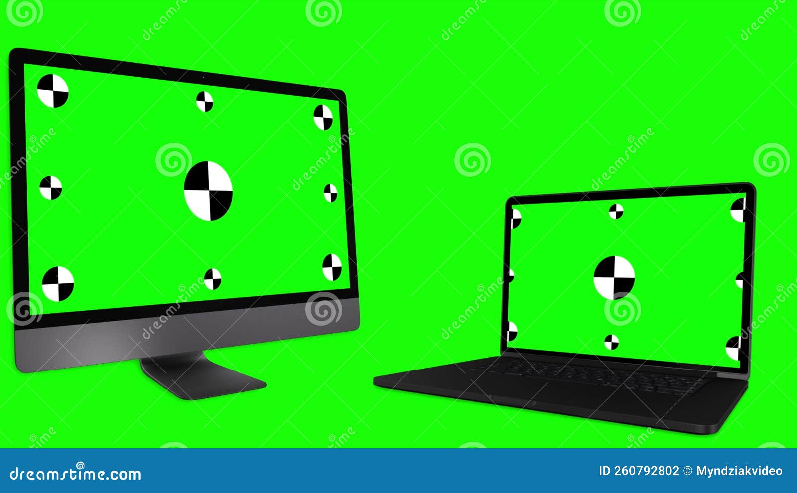 Two Modern Computers with Green Screen, Isolated on Blue Background. 3d ...