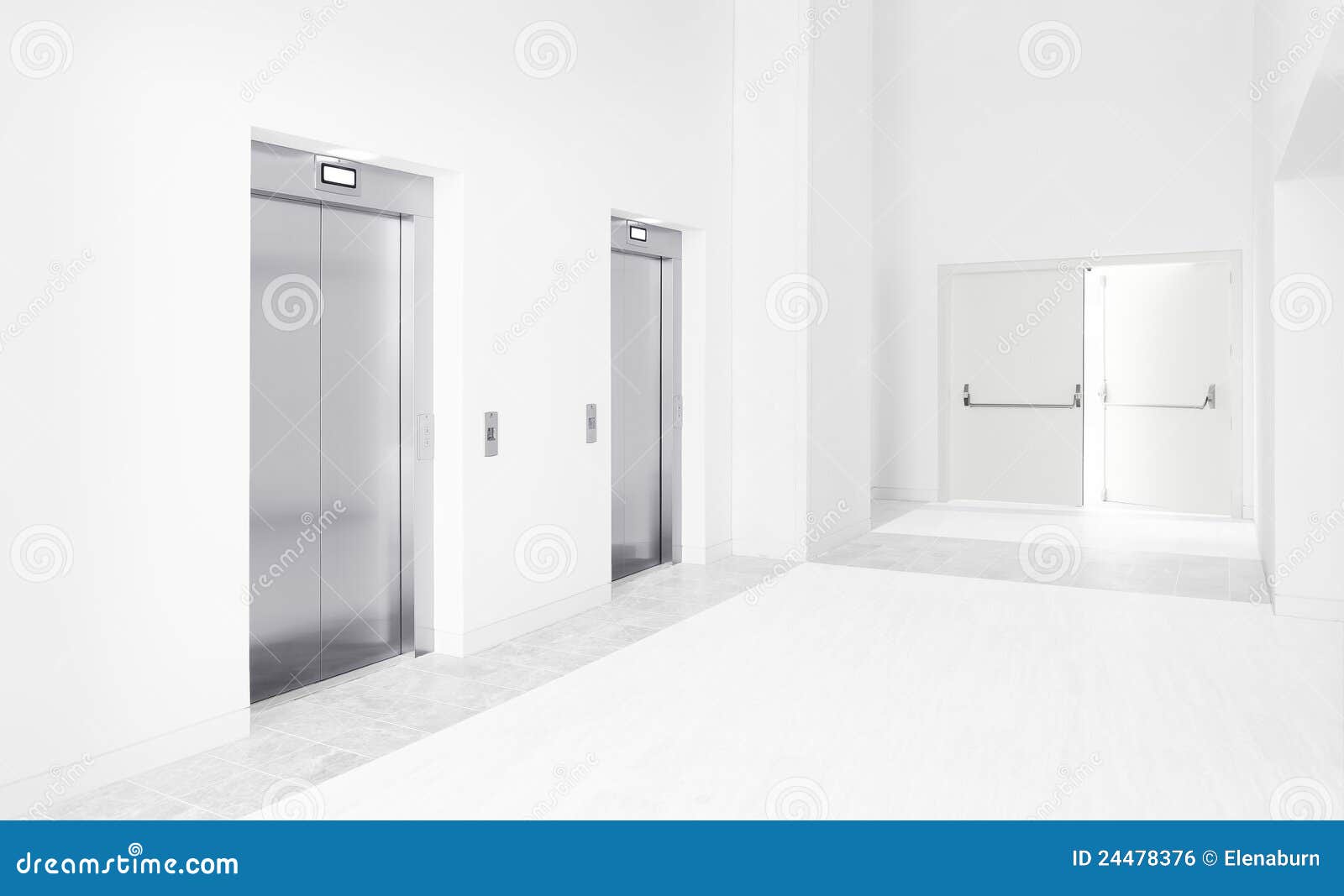 Two Modern Elevators and an Open Exit Door Stock Photo - Image of ...