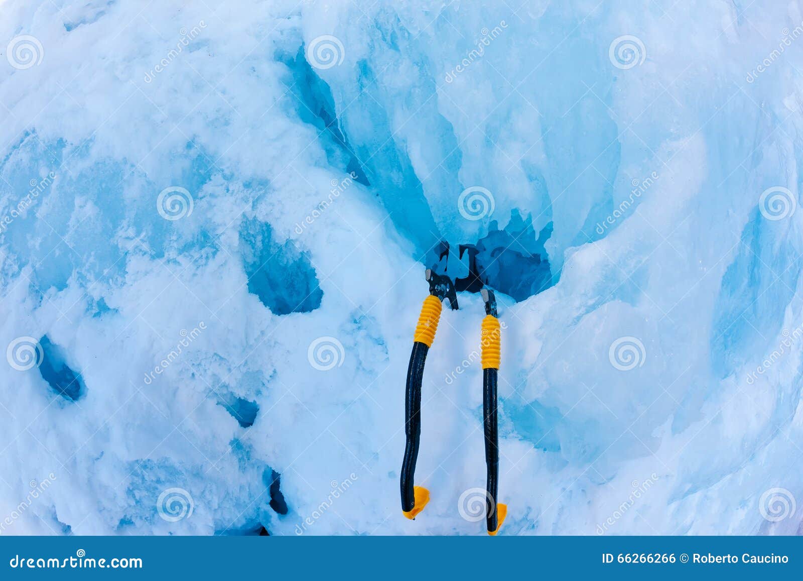 Two Modern Ice Tools Planted in the Icefall during a Pitch. Stock Photo ...