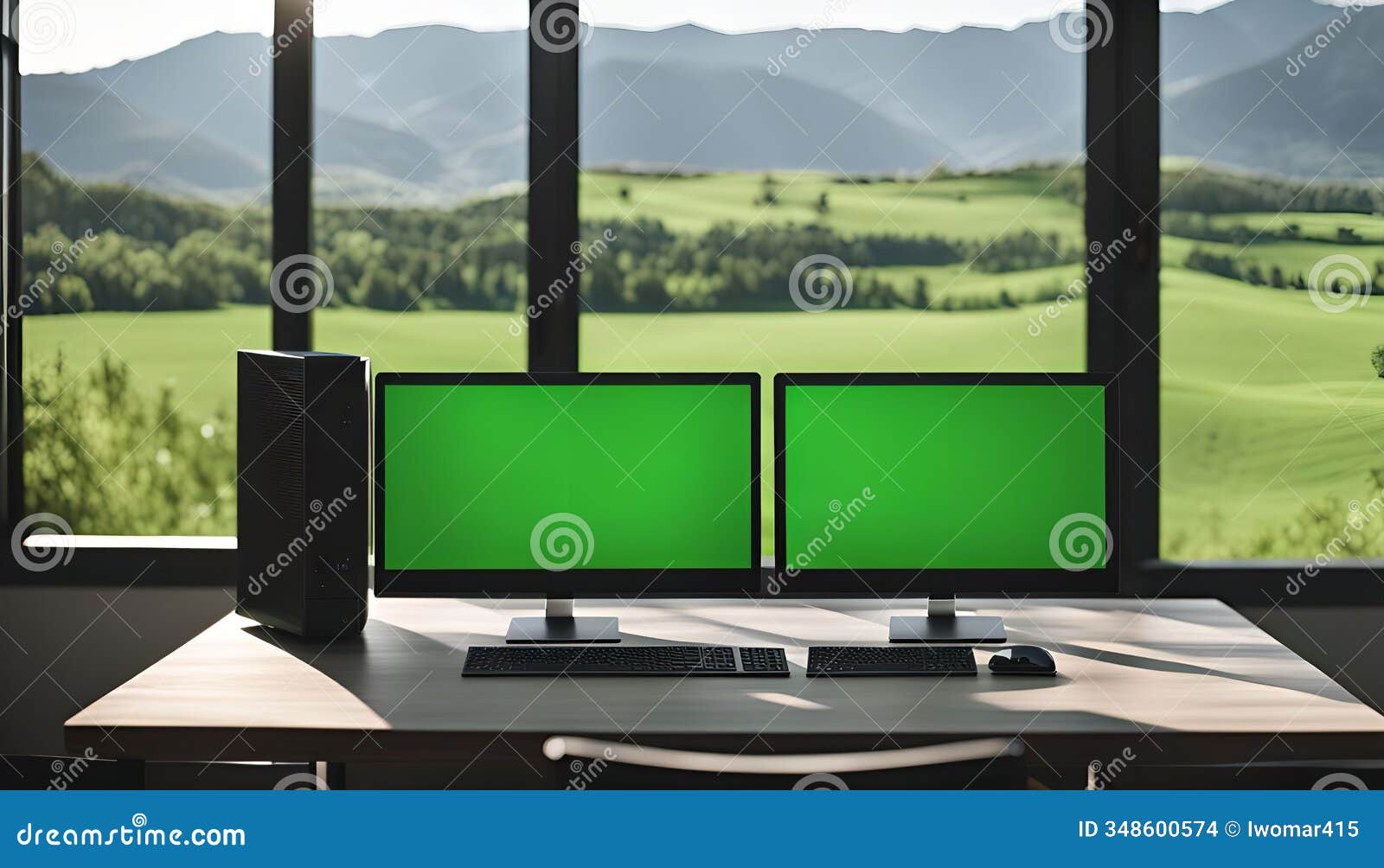 Two Monitors with Green Screen Facing a Landscape View Stock ...