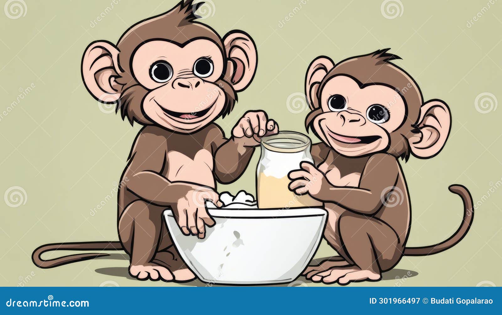 Two Monkeys Eating Something from a Bowl Stock Illustration ...