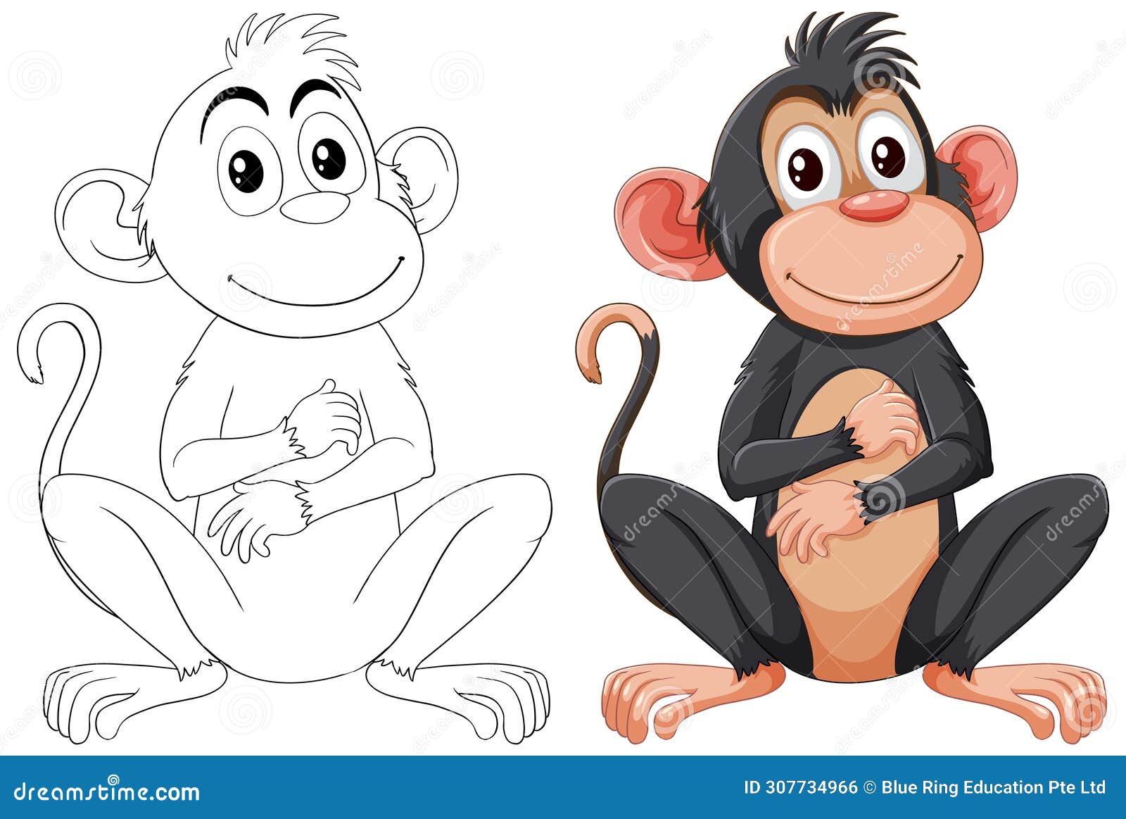 One Monkey Outline and One Monkey Color Stock Vector - Illustration of ...