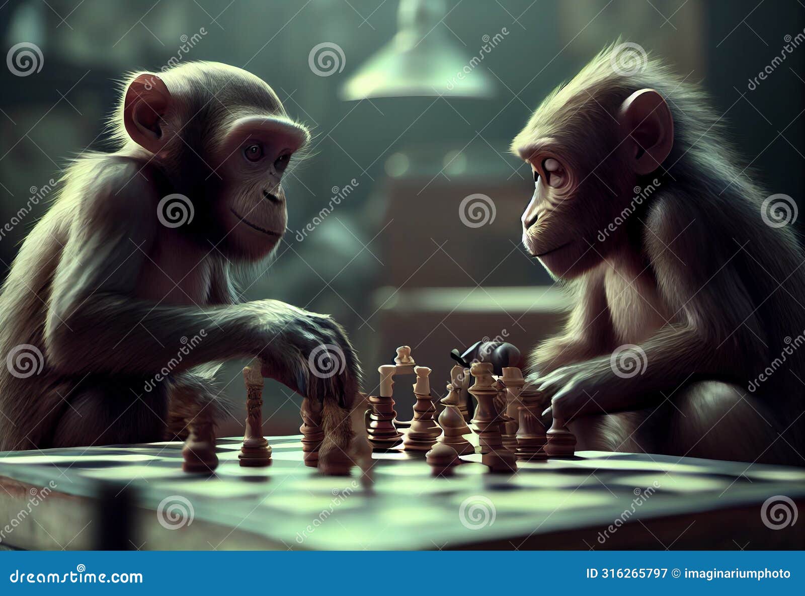 Two monkeys playing chess stock image. Image of playful - 316265797