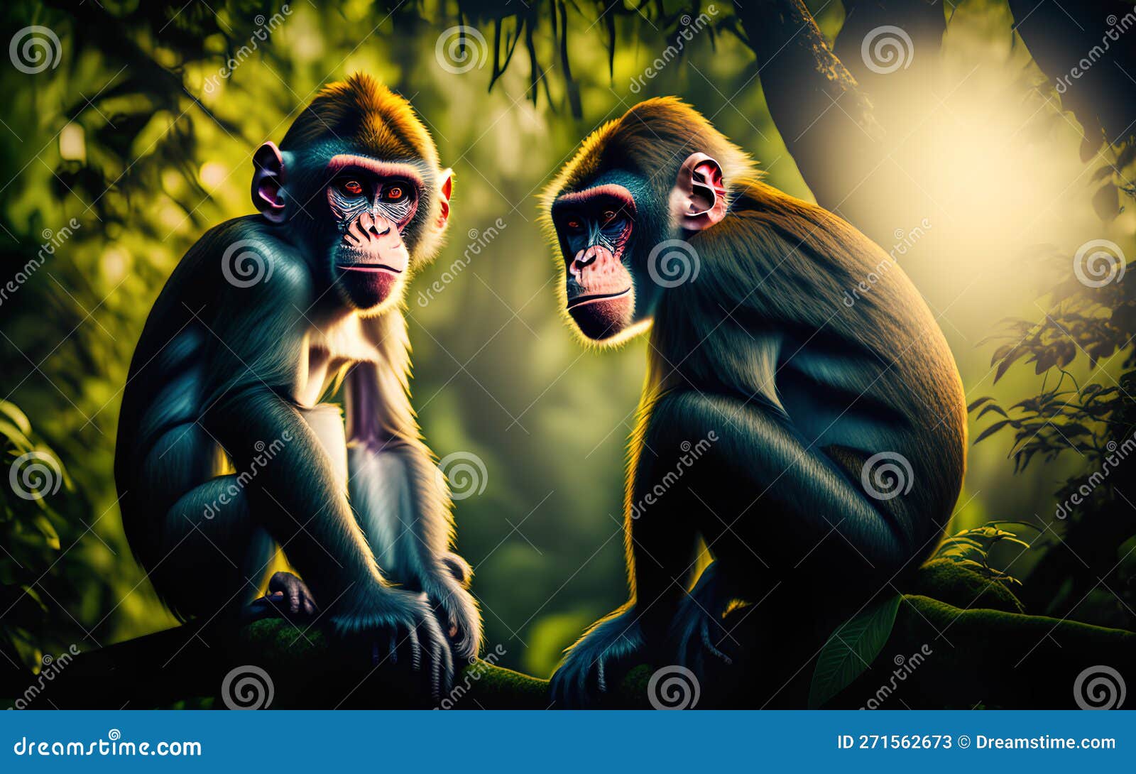 Two Monkeys in the Rainforest at Red Sunset. Generative Al Illustration ...