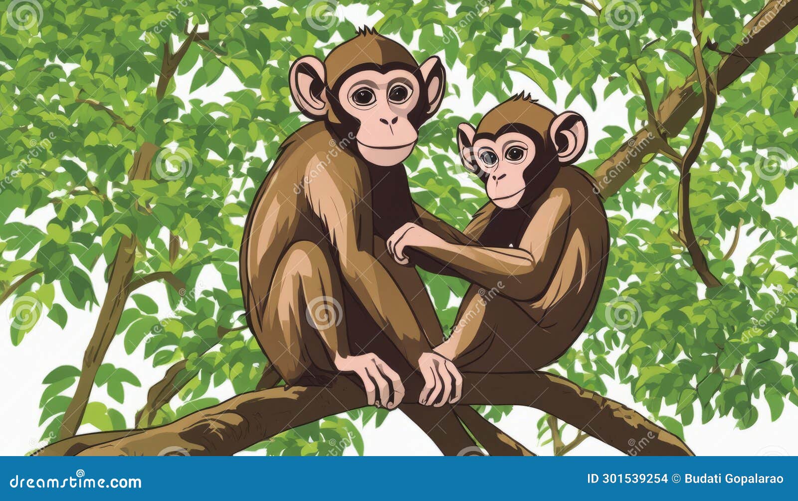 Two Monkeys Sitting on a Tree Branch Stock Illustration - Illustration ...