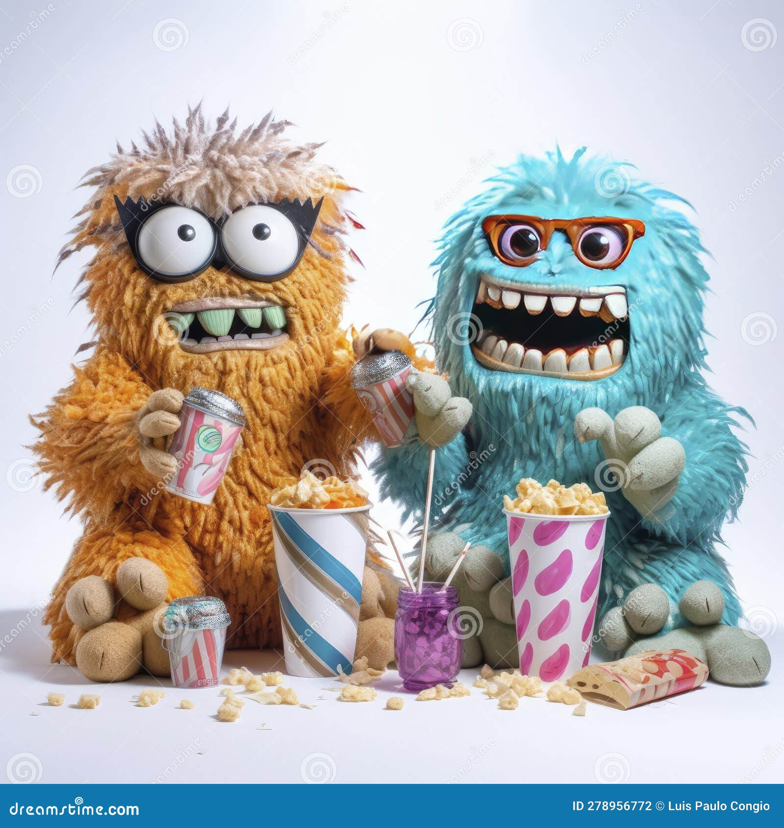 Two Monsters Eating Popcorn Stock Photo - Illustration of cream ...