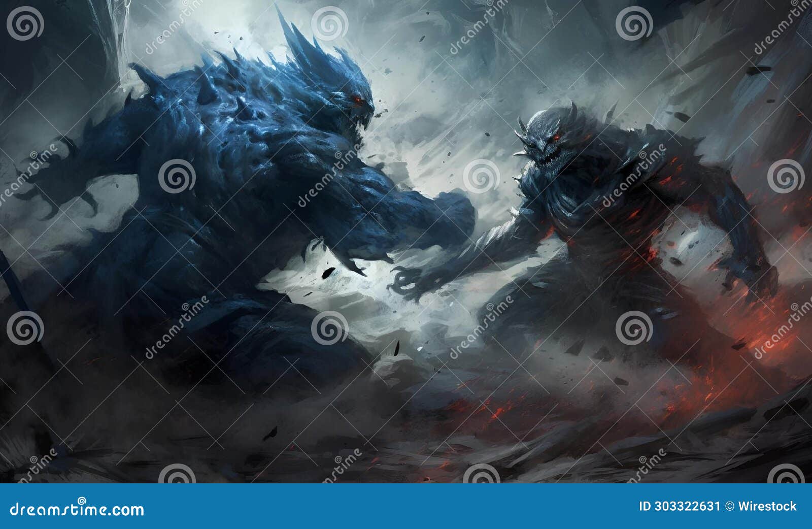 Two Monsters Fighting in the Dark, One with an Ice Face Stock ...