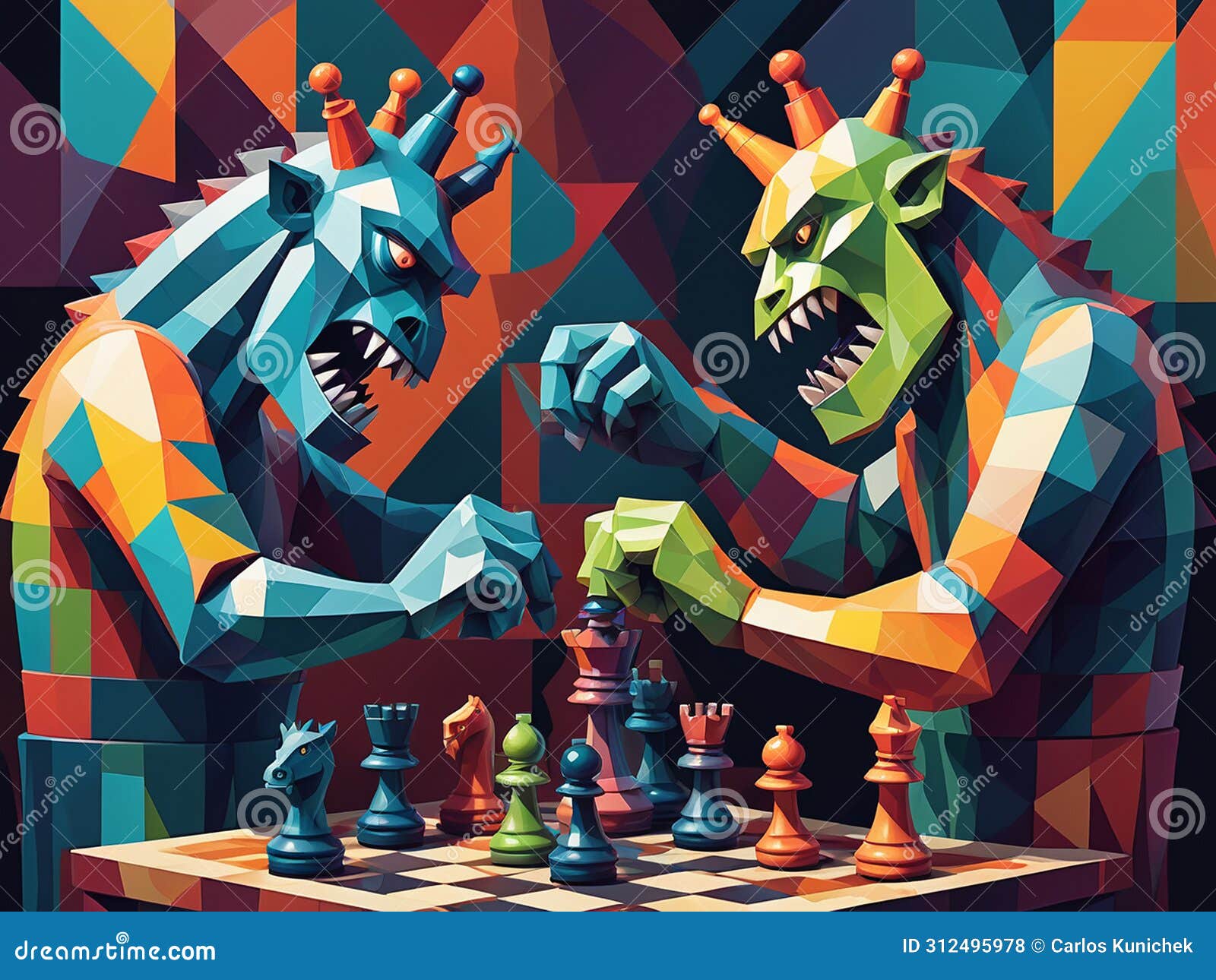 Two Monsters Playing Chess in the Style of Cubism with Bright Colors ...