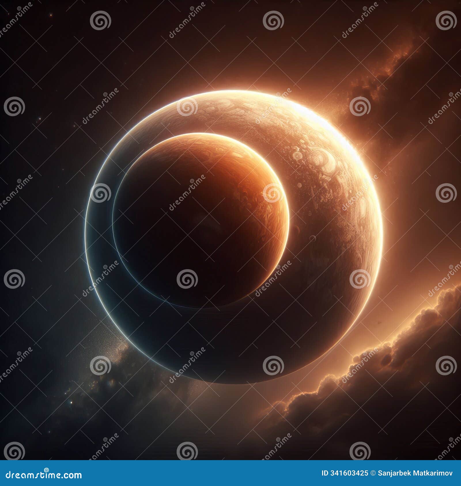 Two Moons One a Dim Rust Colored Sphere and the Other a Glowing Stock ...