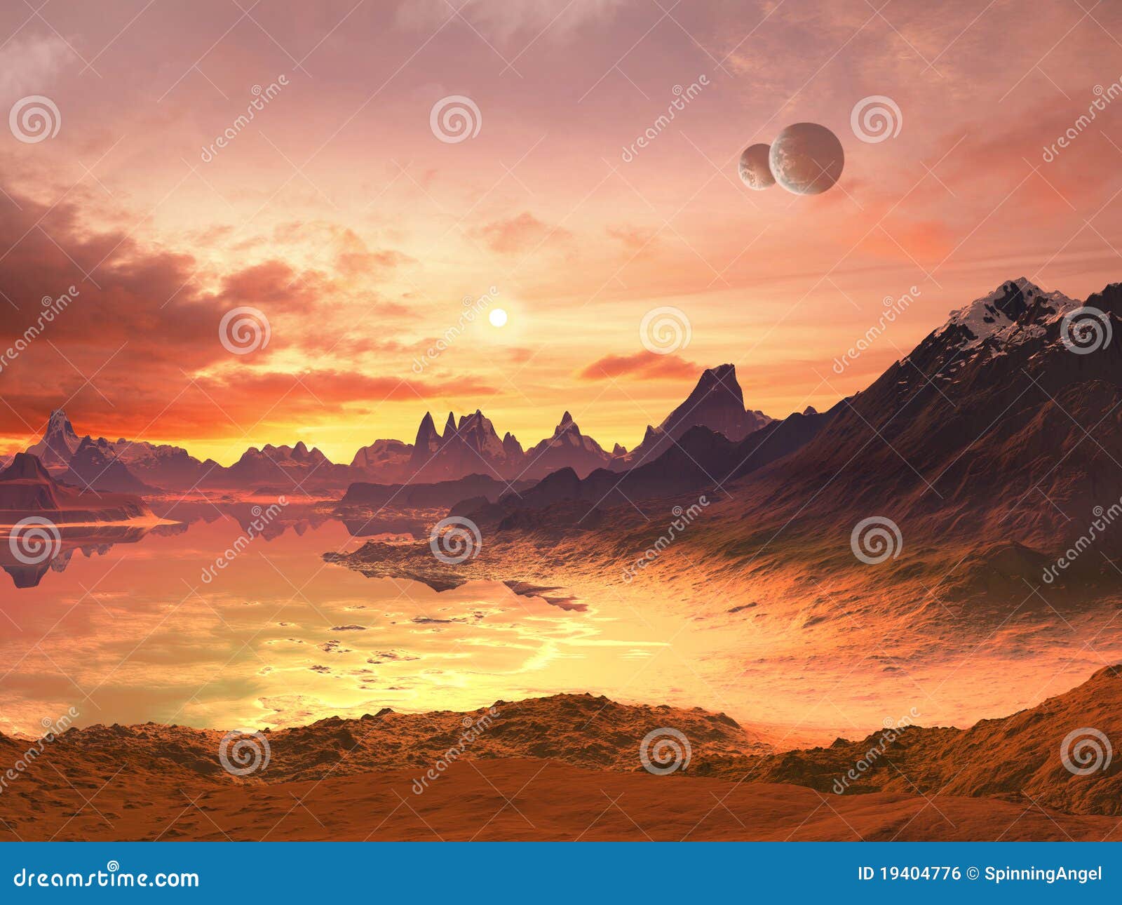 Two Moons Over Alien Ocean Sunset Stock Illustration - Illustration of ...
