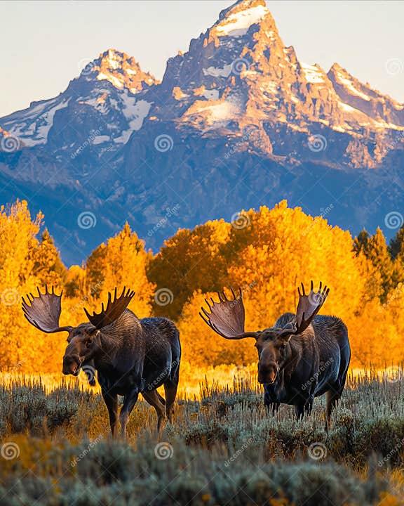 Two Moose Standing in a Field with Mountains in the Background Stock ...