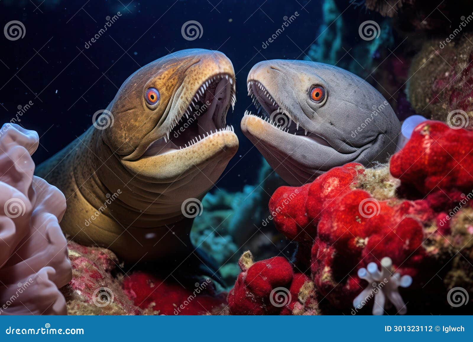 Two Moray Eels Communicate Peacefully Underwater Amidst the Vibrant ...