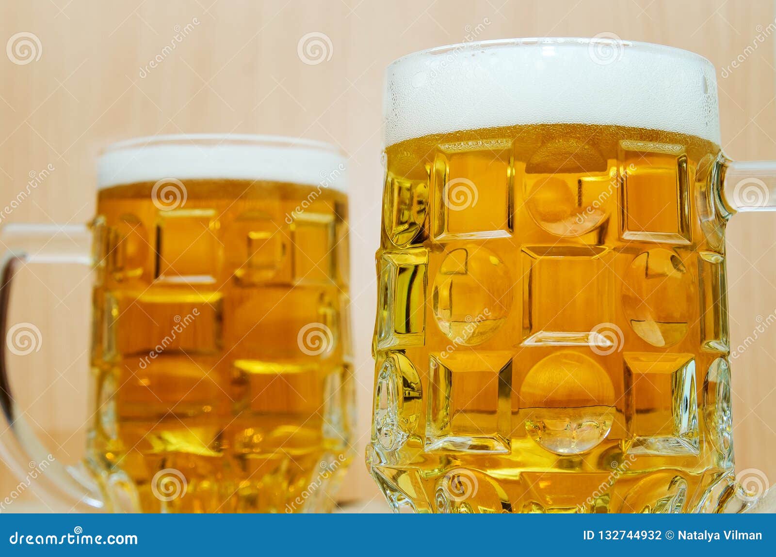 Two Mugs Full with Beer, Closeup Stock Photo - Image of lager, macro ...